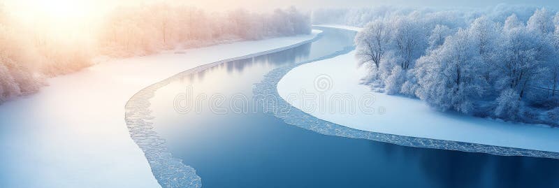 Frozen River through Snowy Forest Scenic Winter Landscape with Sunlight ...