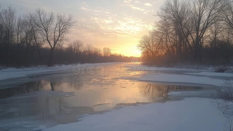 Frozen River at Sunset with Silhouetted Trees Stock Illustration ...