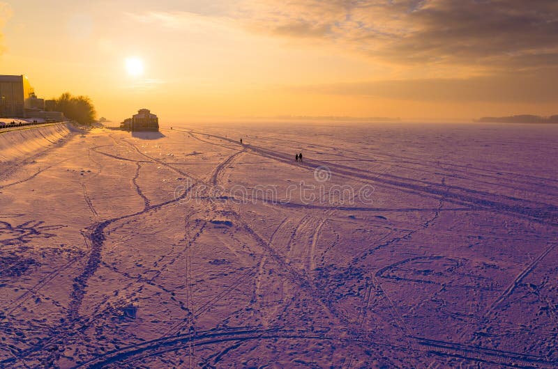 A Frozen River at Valentine S Day during Sunset Stock Photo - Image of ...