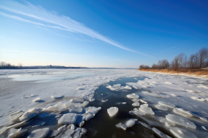Frozen River, with View of the Horizon and Clear Blue Sky Stock Image ...