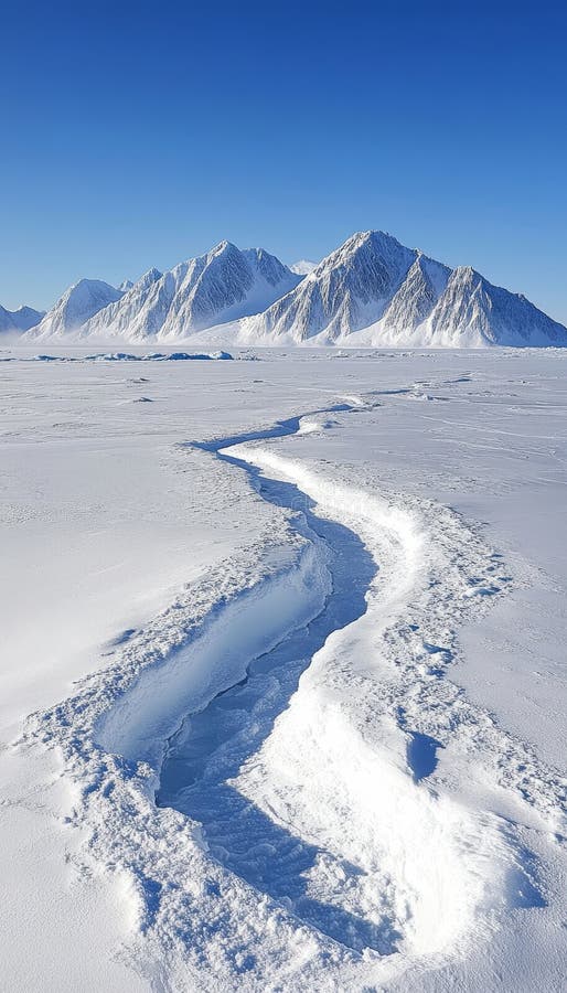Frozen River Winding through Arctic Valley, Snow-covered Mountains ...