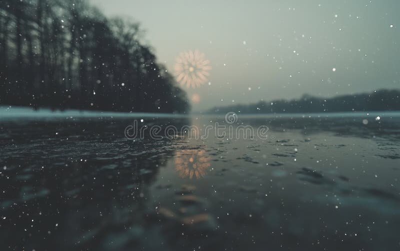 Frozen River and Winter Fireworks Stock Illustration - Illustration of ...