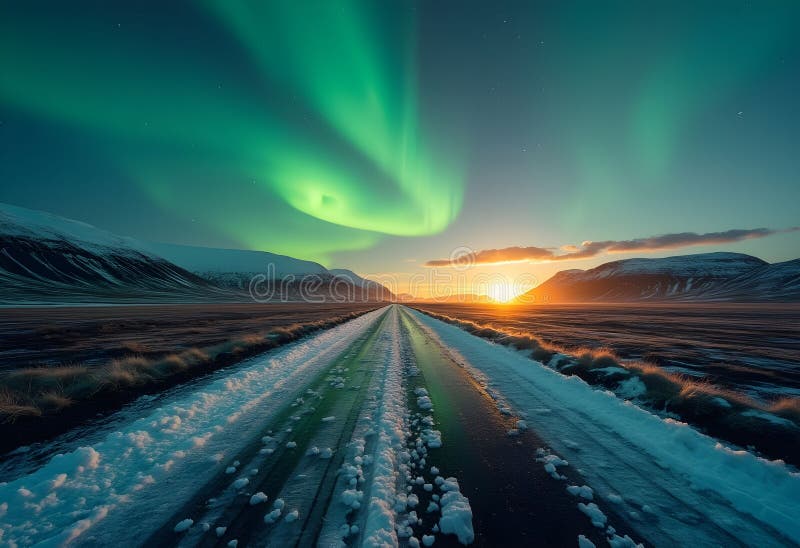 Frozen Road in Iceland Under the Northern Lights Stock Illustration ...