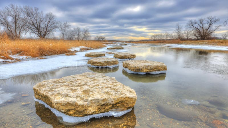 Frozen Rocks Emerge from a Tranquil River Under a Moody Winter Sky ...