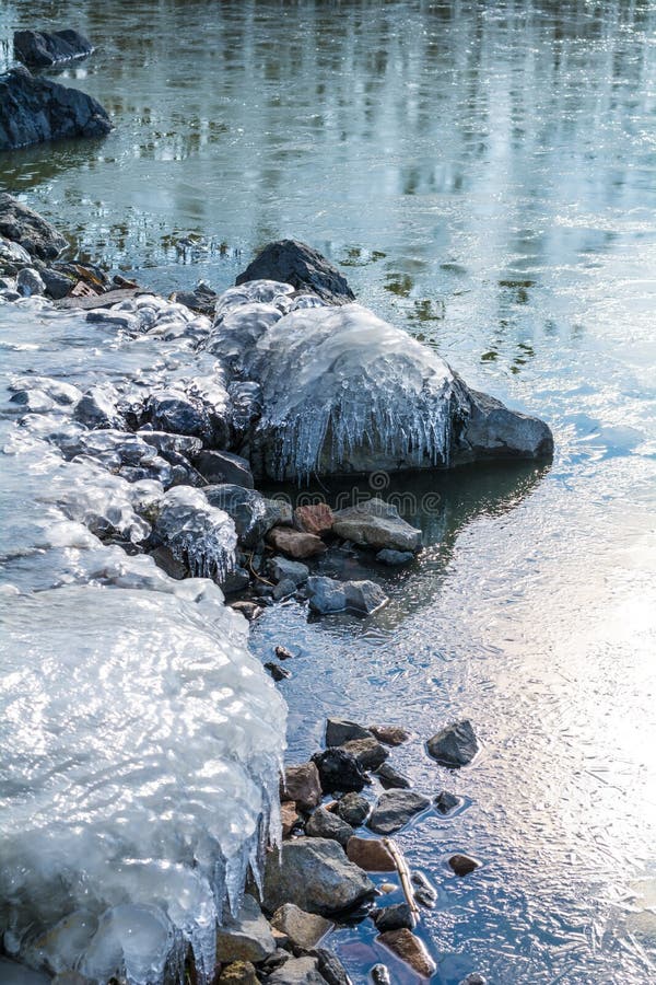 Frozen Rocks with Ice in the Winter Lake Stock Image - Image of outdoor ...