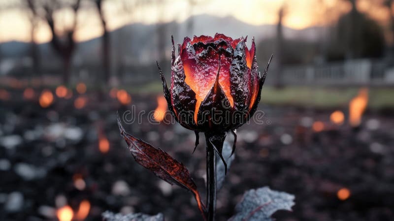 Frozen Rose in Fiery Landscape at Sunset Highlighting Contrasting ...