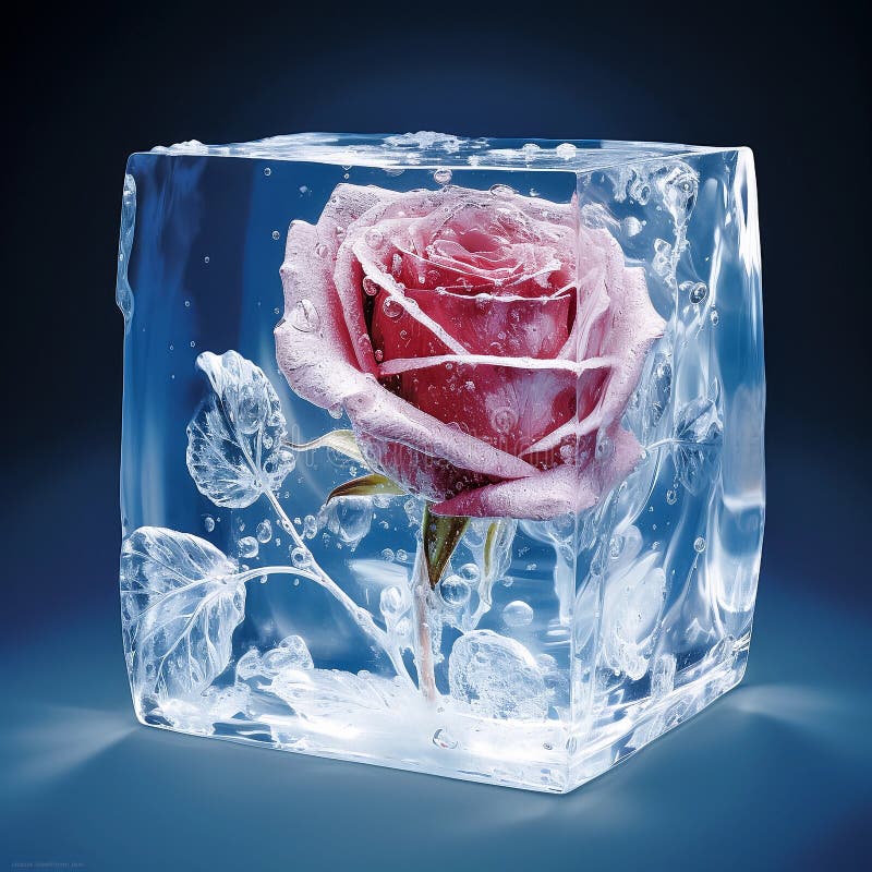 Frozen Rose in Ice Cube on Blue Background. Close-up Illustration ...