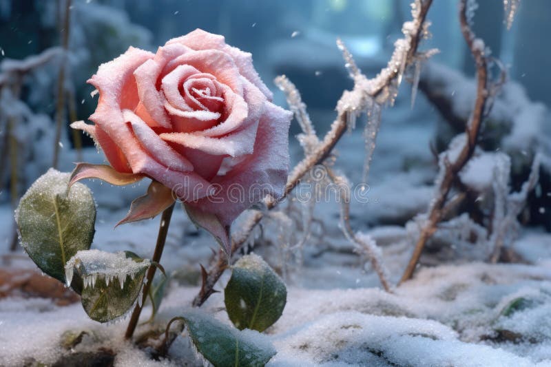 A Frozen Rose in a Snow-filled Garden with Snowflakes Falling Stock ...