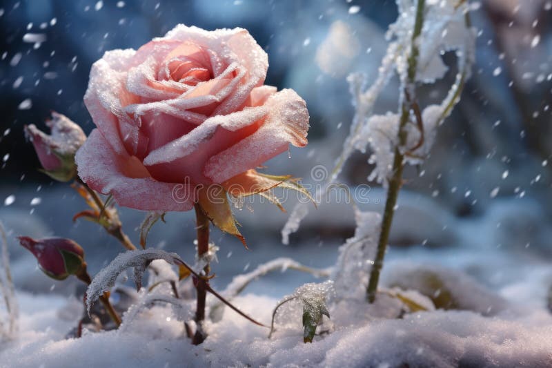 A Frozen Rose in a Snow-filled Garden with Snowflakes Falling Stock ...