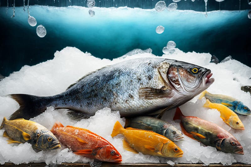 Frozen Sea Fish on the Ice Counter Illustration Generative AI Stock ...