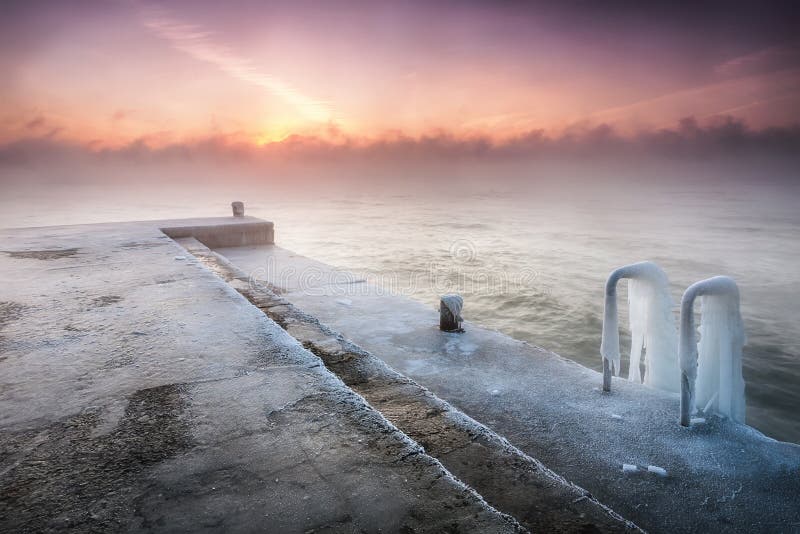 Frozen Sea Platform at Sunrise Stock Image - Image of bridge, landscape ...