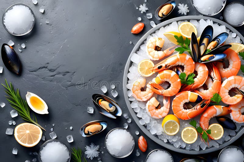 Frozen Seafood Assortment Displayed on a Textured Gray Stone Surface ...