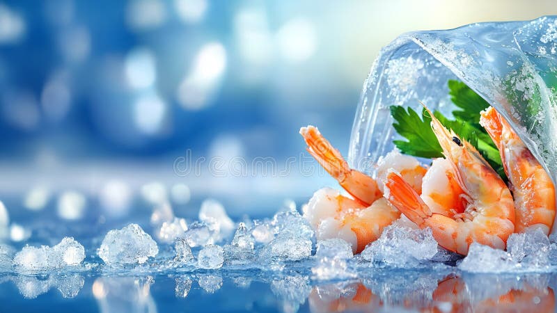 Frozen Seafood: Shrimp on Ice with Herbs in Clear Bag Stock ...