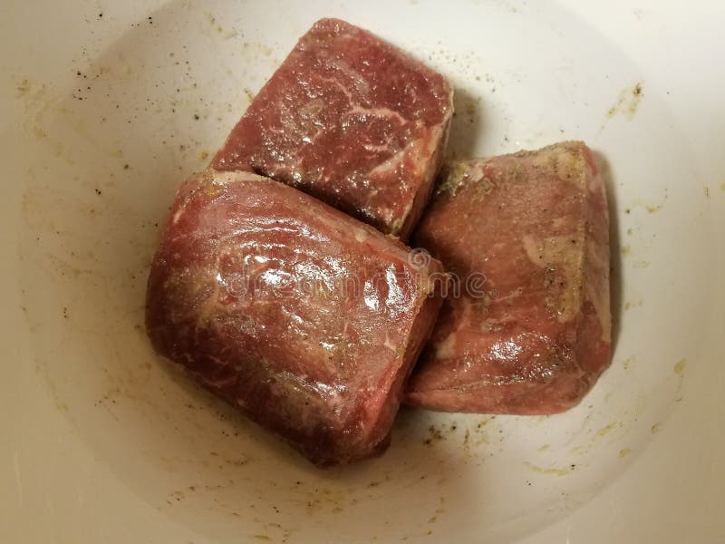Frozen Seasoned Beef Meat Squares in White Plastic Container Stock ...