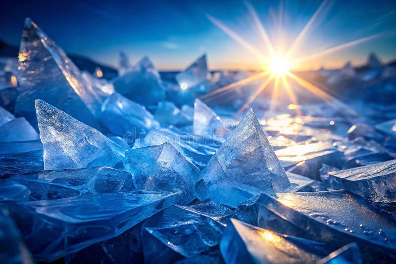 Frozen Shards of Ice, Sunrise Over a Lake Stock Illustration ...