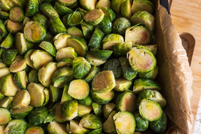 Frozen Sliced Brussels Sprouts on Baking Tray Closeup Stock Photo ...
