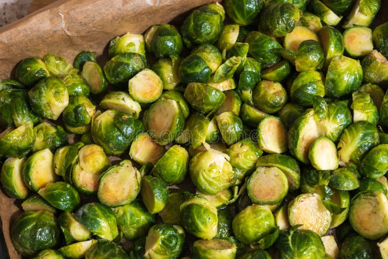 Frozen Sliced Brussels Sprouts on Baking Tray Closeup Stock Photo ...