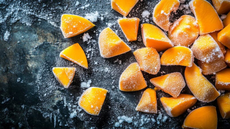 Frozen Slices of Orange Fruit Covered in Frost on a Dark Surface Stock ...
