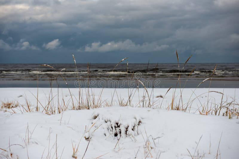 Frozen Snow Covered Beach by the Sea Stock Image - Image of mist, fall ...