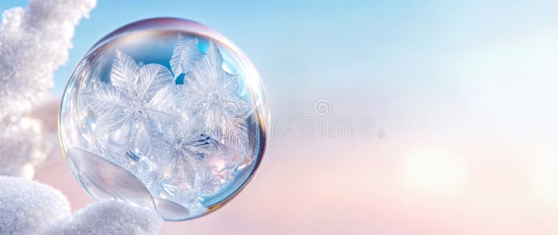 Frozen Snowflake in Glass Bubble on Snowy Branch. Frozen Soap Bubble ...