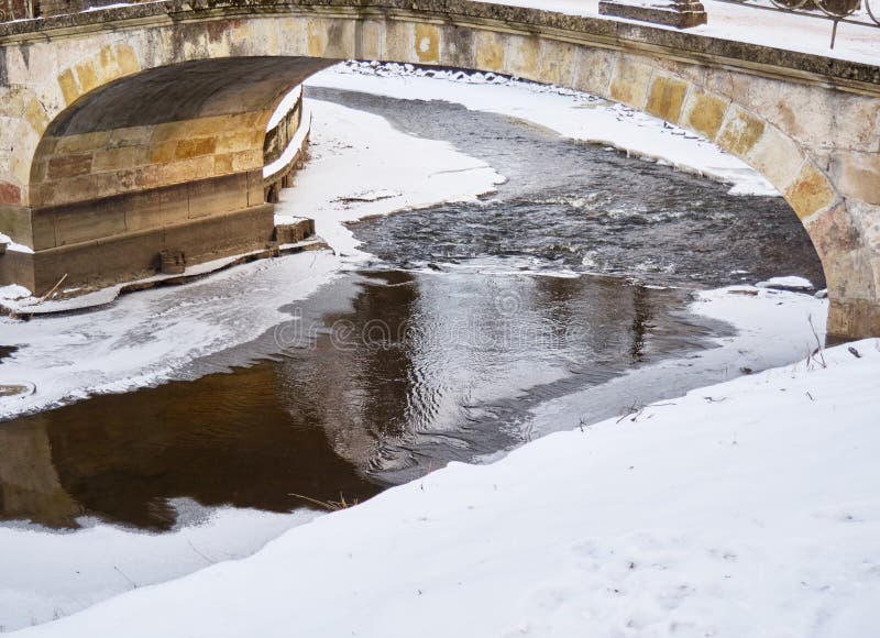 Frozen Snowy River Under a Stone Bridge Stock Image - Image of archway ...