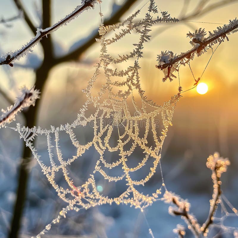 Frozen Spiderweb at Sunrise Stock Image - Image of sunset, elegant ...