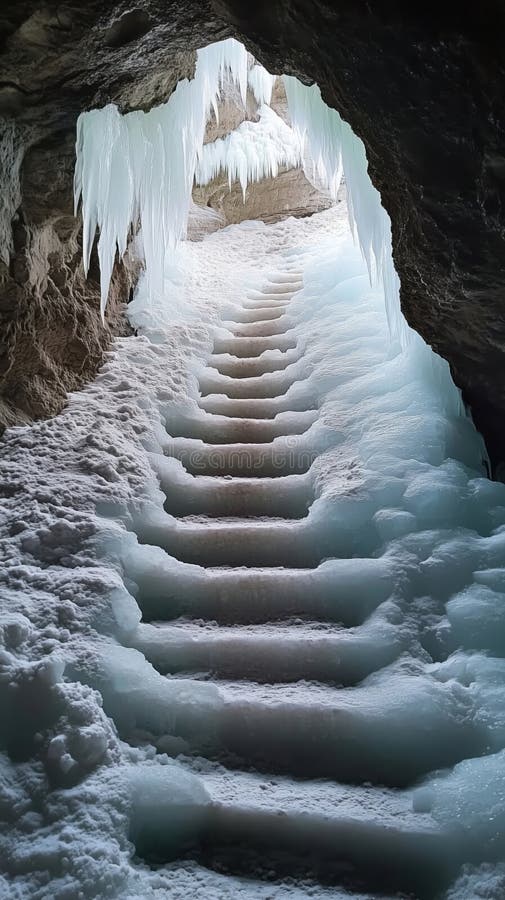Frozen Staircase Leading into Icy Cave with Stalactites and Snow ...