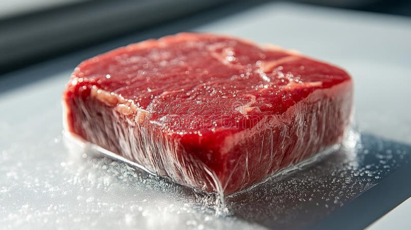 Frozen Steak in Vacuum-Sealed Packaging with Frost Crystals on Plastic ...
