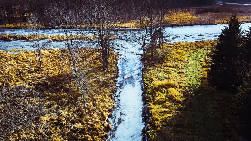 Frozen Stream Flows Out To Main River Stock Image - Image of flows ...