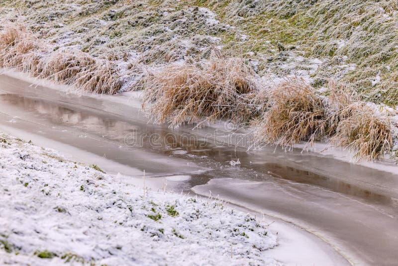 Frozen Stream with Ice and Snow at the Edge of the Water Stock Image ...