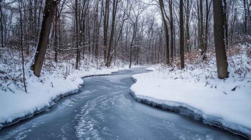 A Frozen Stream Meandering through a Snowy Forest Stock Illustration - Illustration of water ...