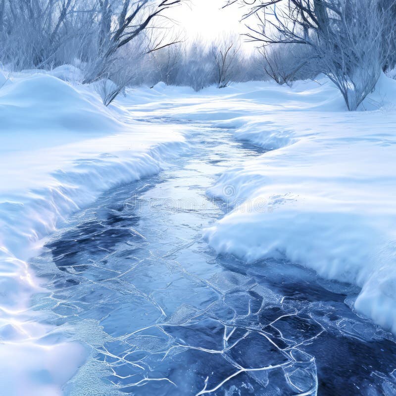 Frozen Stream a Small Meandering Stream Frozen Over with a Thn Stock ...
