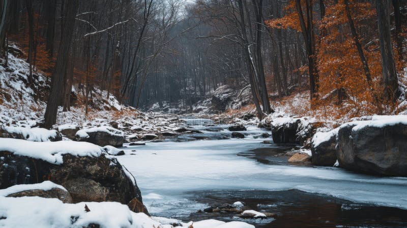 A Frozen Stream in a Snowy Forest Stock Illustration - Illustration of ...