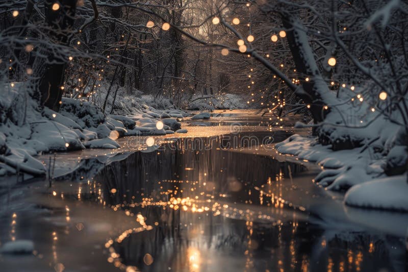 A Frozen Stream Winds through a Snowy Forest, Illuminated by Sparkling ...