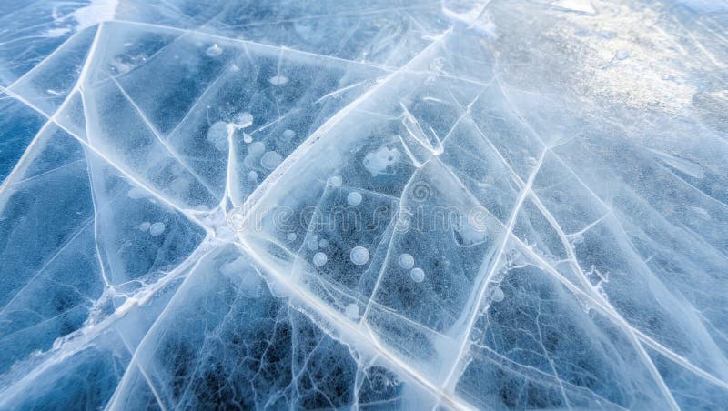 Frozen Surface with Intricate Ice Patterns and Bubbles Illuminated by ...