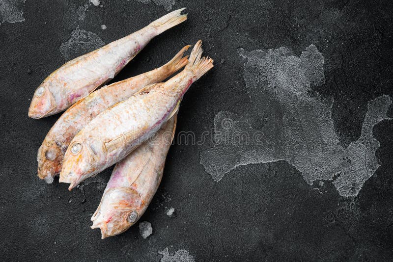 Frozen Surmullet Fish, on Black Dark Stone Table Background, Top View ...