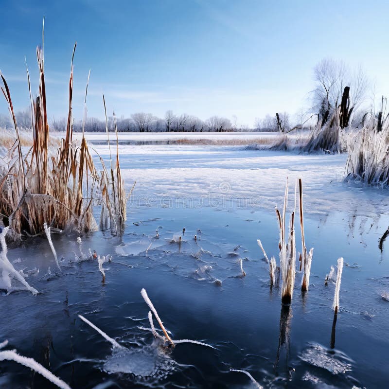 Frozen Swamp a Marshy Area Covered in a Thin Layer of Ice with Stock ...