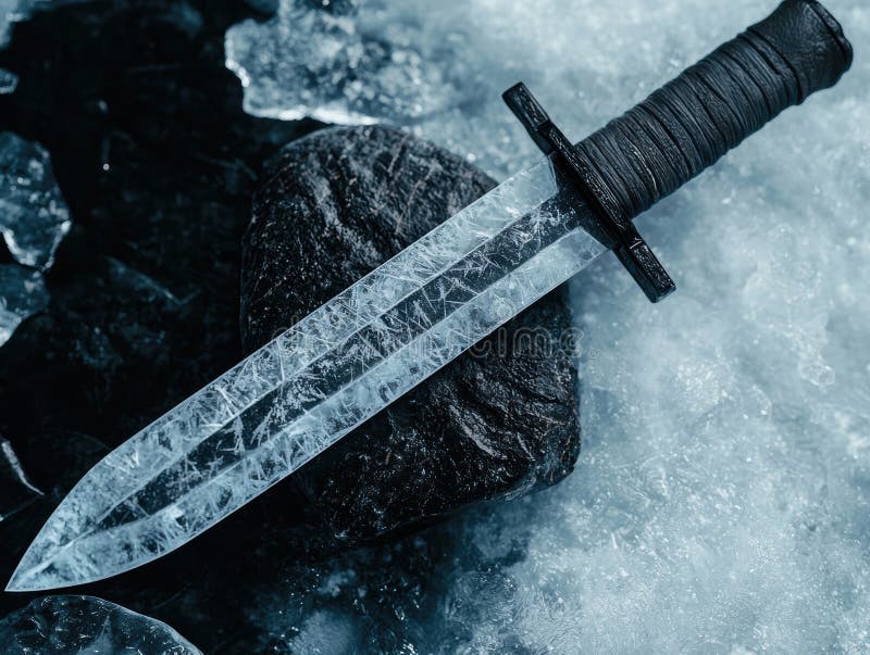 Frozen sword on icy rock stock illustration. Illustration of dark ...