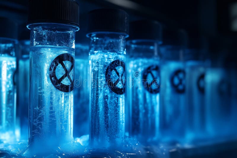 Frozen Test Tubes with Biohazard Signs Illuminated in Cold Blue Light ...