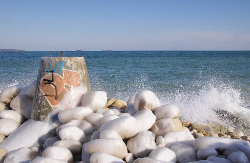 Frozen Breakwater and Bus Stop after Winter Storm Stock Image - Image ...