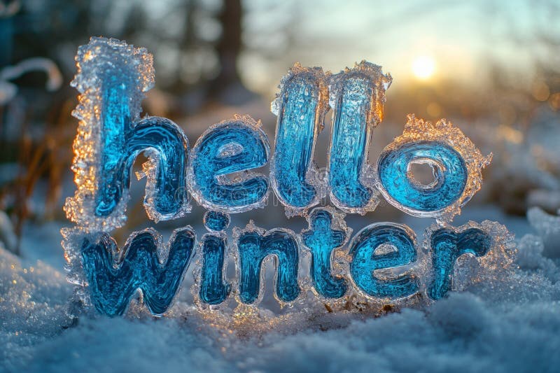 Frozen Text Art: Icy Hello Winter in Sunny Snowy Landscape Stock Photo ...