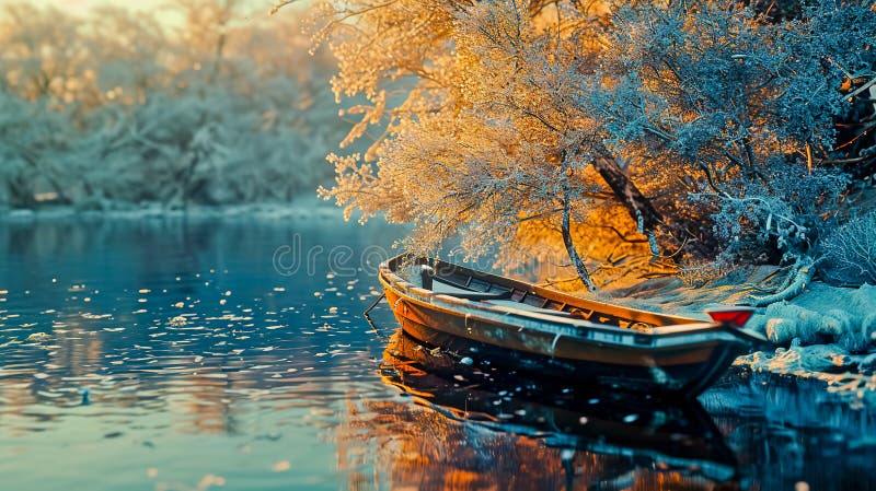 Frozen Tree and Boat in the Lake Stock Illustration - Illustration of ...