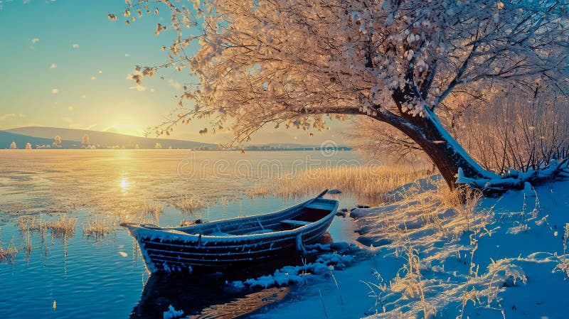 Frozen Tree and Boat in the Lake Stock Illustration - Illustration of ...