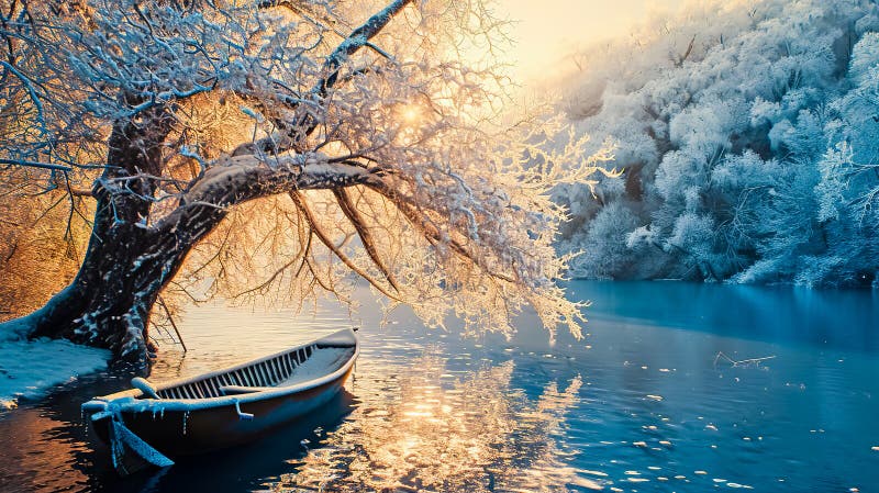 Frozen Tree and Boat in the Lake Stock Illustration - Illustration of ...