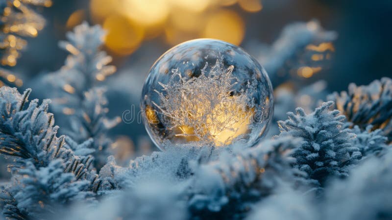 Frozen Tree Branch Captured in a Glass Sphere Stock Illustration ...