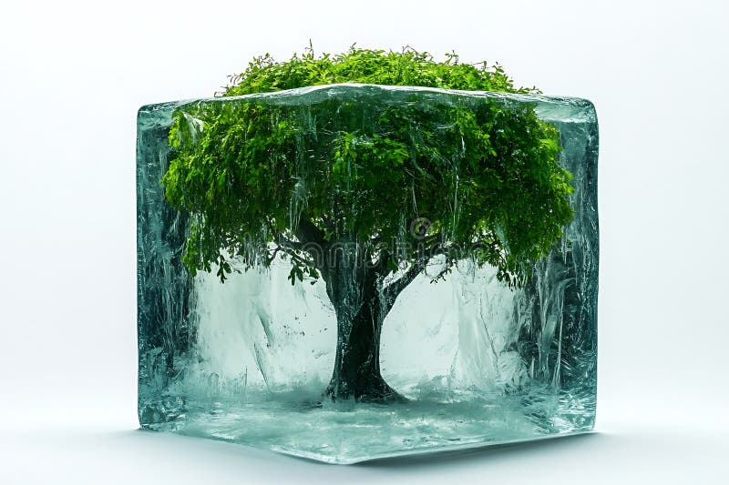 Frozen Tree Inside Ice Cube, Nature Preserved Stock Illustration ...