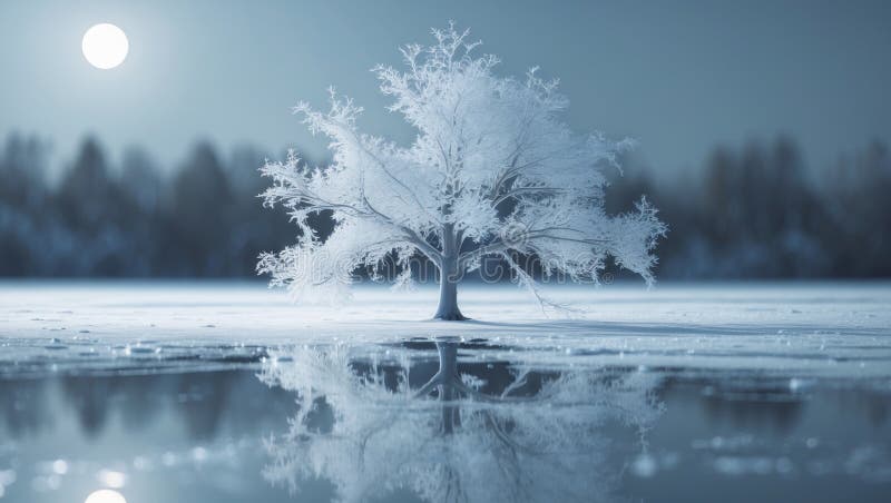 Frozen Tree Reflection in Icy Water at Night Stock Image - Image of ...