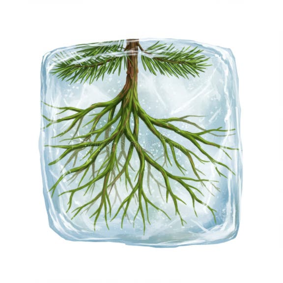 Frozen Tree Root System Encased in Ice Cube Isolated on White ...