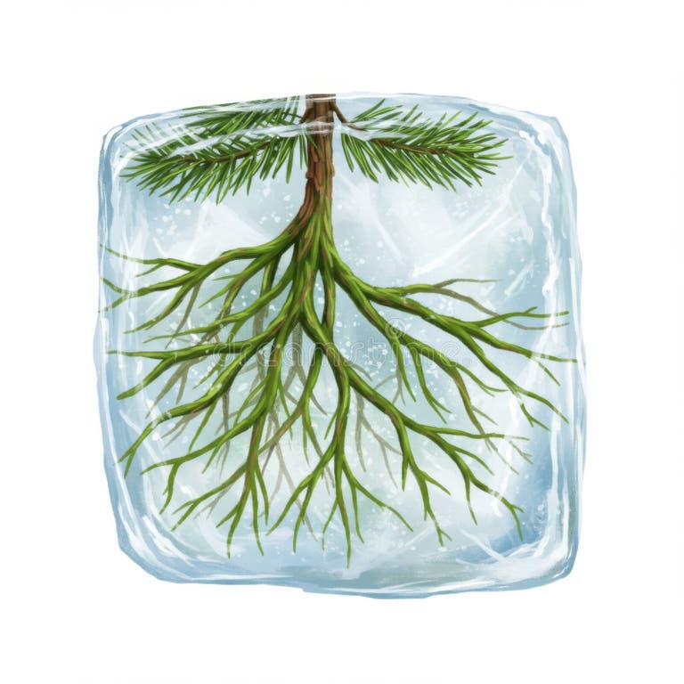 Frozen Tree Root System Encased in Ice Cube Isolated on White ...