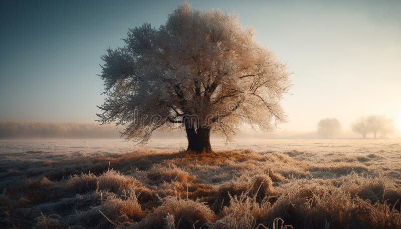 A Frozen Tree Trunk Back Lit by the Sunrise Generated by AI Stock ...
